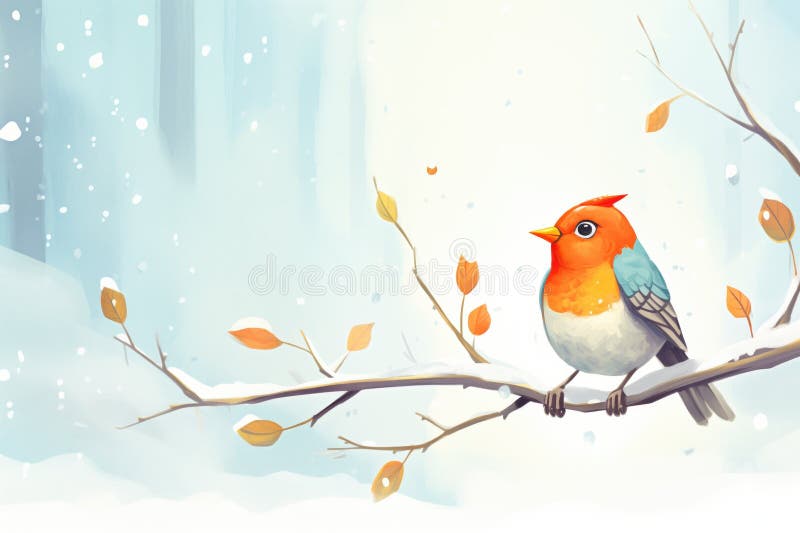 Snow Gently Falling on a Watchful Robin on a Twig Stock Photo - Image ...