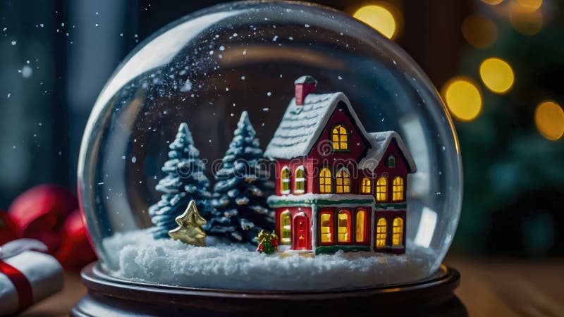 Snow Globe Featuring a Cozy Red House with Warmly Lit Windows ...