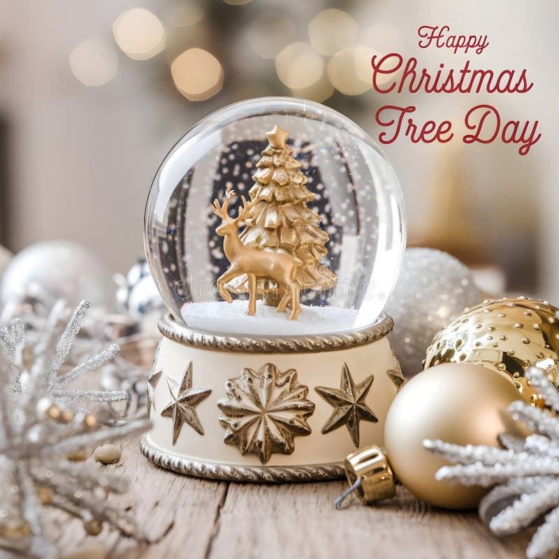 A Snow Globe with a Golden Christmas Tree and a Golden Reindeer Inside ...