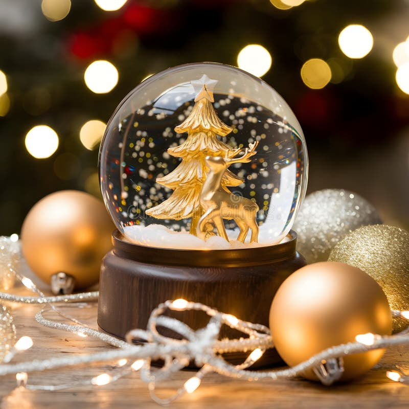A Snow Globe with a Golden Christmas Tree and a Golden Reindeer Inside ...