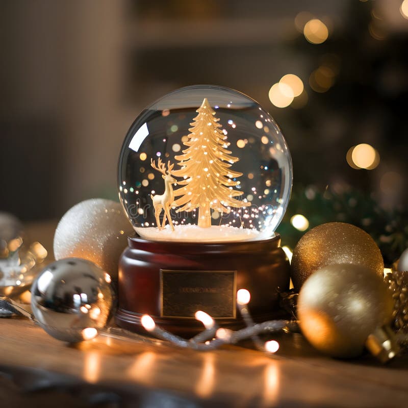 A Snow Globe with a Golden Christmas Tree and a Golden Reindeer Inside ...