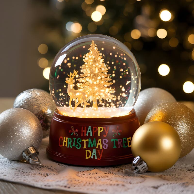 A Snow Globe with a Golden Christmas Tree and a Golden Reindeer Inside ...