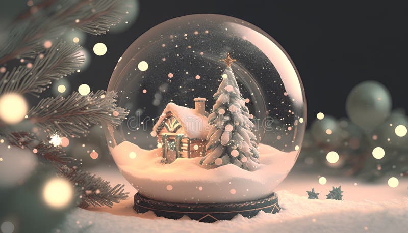 Snow Globe with House and Christmas Tree in Snow. 3D Rendering Stock ...