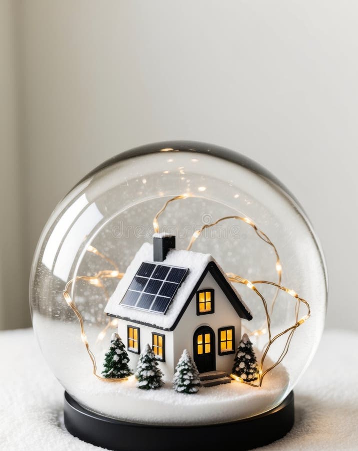 Snow Globe with a House Featuring Solar Panels and Holiday Lights ...