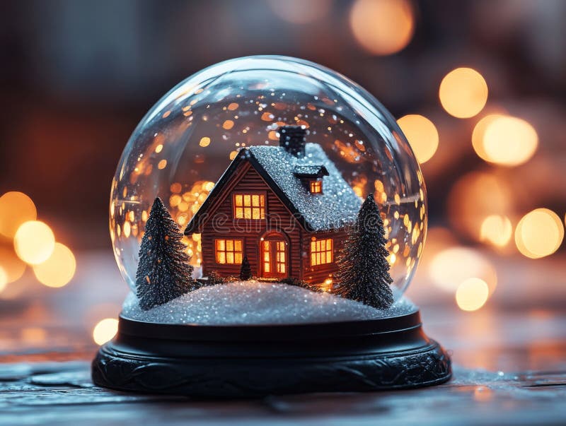 A Snow Globe with a House Inside on a Background of Lights Stock ...