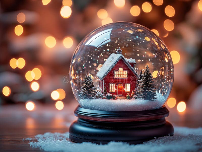 A Snow Globe with a House Inside on a Background of Lights Stock ...