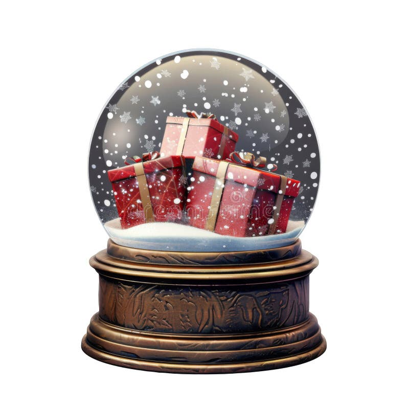 Snow Globe with Stacked Red Gift Boxes and Snowflakes Stock Photo ...