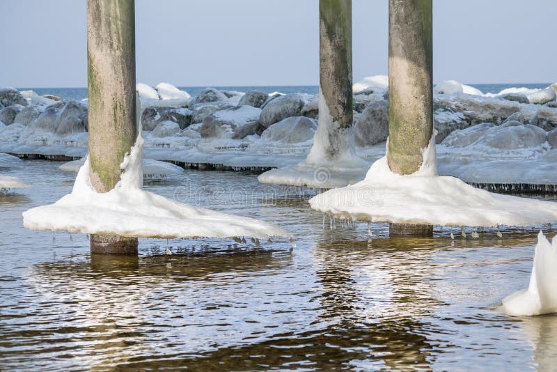 Ice on bridge pole stock photo. Image of dock, white - 111777092