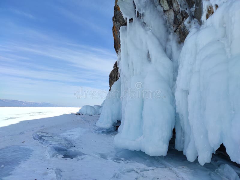 Snow Icicles and Winter Patterns on the Rocks in the Cave Stock Photo ...