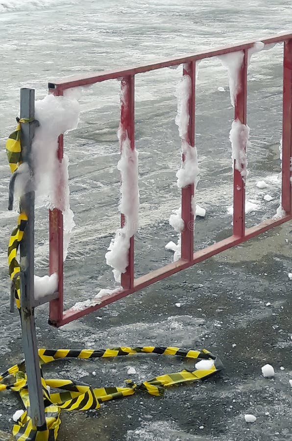Snow and Icing on a Safety Fence Outside in Winter Stock Photo - Image ...