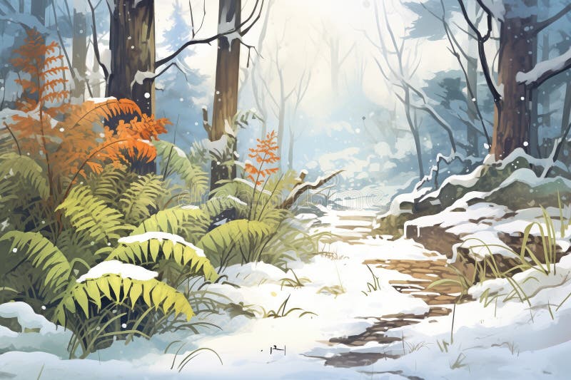 Snow-laden Ferns and Bushes Along a Forest Path Stock Illustration ...