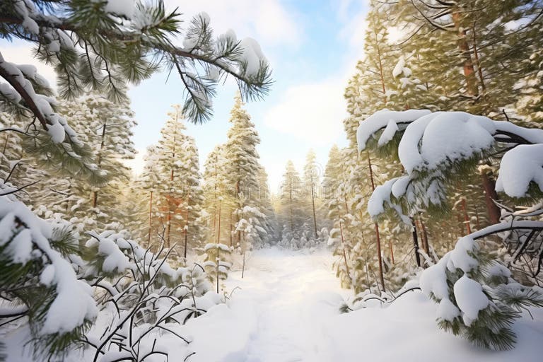 A Snow-laden Pine Branches Arching Over a Forest Path Stock ...