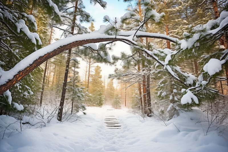 A Snow-laden Pine Branches Arching Over a Forest Path Stock Image ...