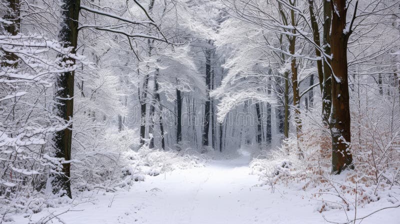 Snow-laden Trees Form a Captivating Arch Over a Secluded Forest Path in ...