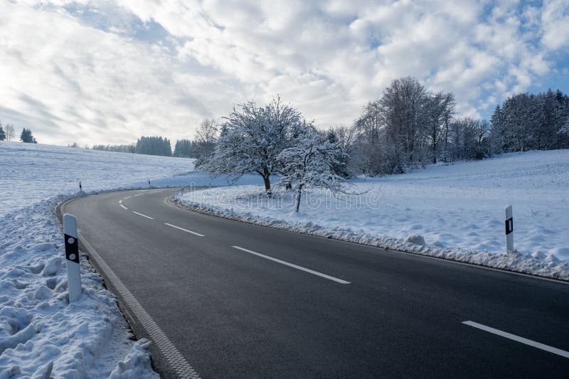 Snow Landscape with Trees, Road and Blue Sky Stock Image - Image of ...