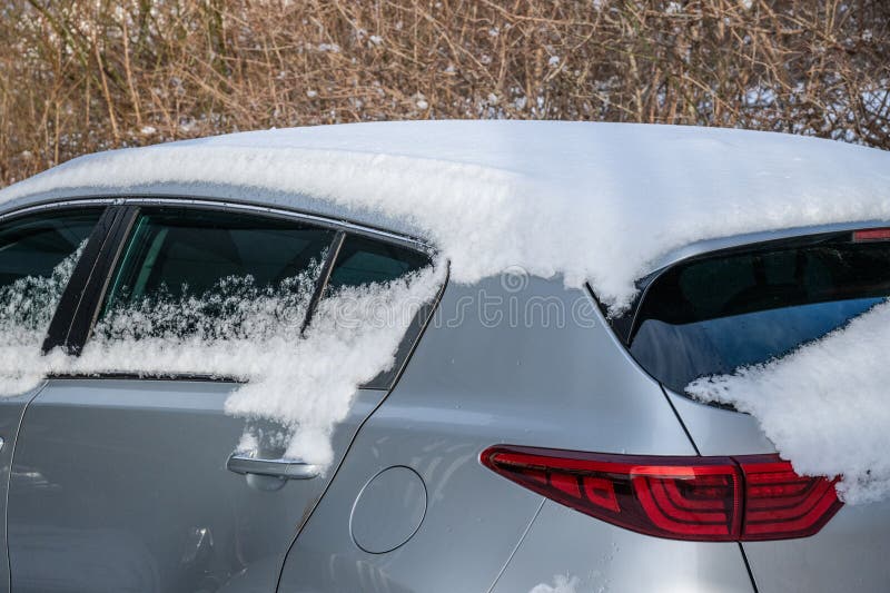 Snow Layer on the Roof of a Grey Car.. Stock Image - Image of transport ...