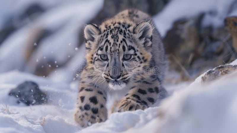A Snow Leopard Baby Playfully Pouncing in the Snow. Stock Image - Image ...