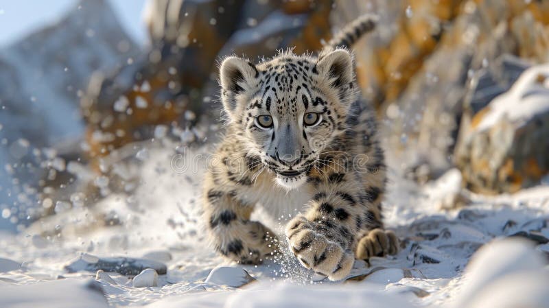 A Snow Leopard Baby Playfully Pouncing in the Snow. Stock Photo - Image ...