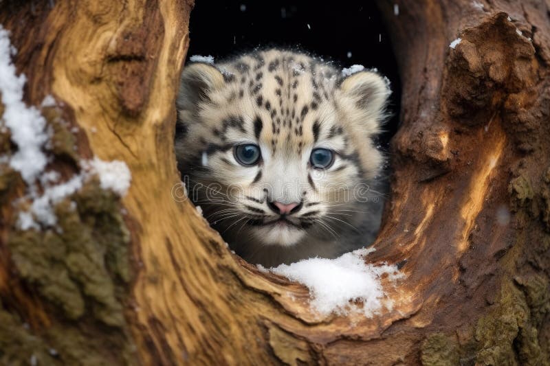 A Snow Leopard Cub Hiding in a Snow-covered Hollow Log Stock Photo ...