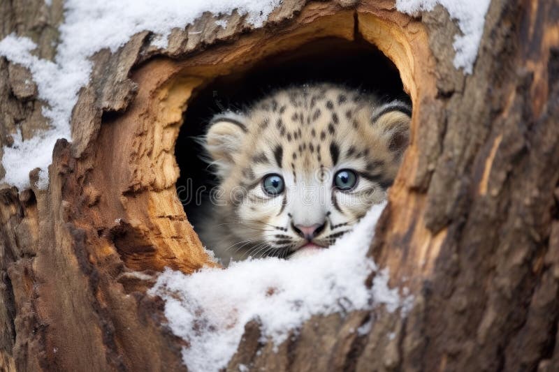 A Snow Leopard Cub Hiding in a Snow-covered Hollow Log Stock Image ...