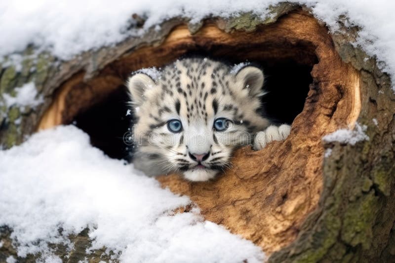 A Snow Leopard Cub Hiding in a Snow-covered Hollow Log Stock Photo ...