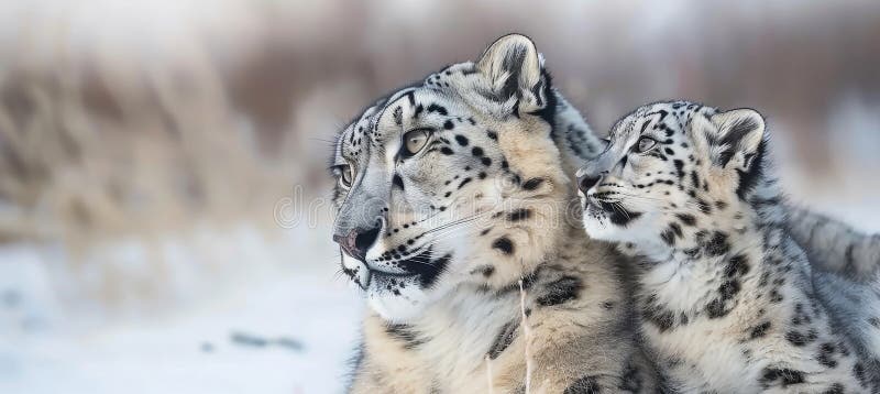 Snow Leopard and Cub Portrait with Space for Text, Ideal for Adding ...