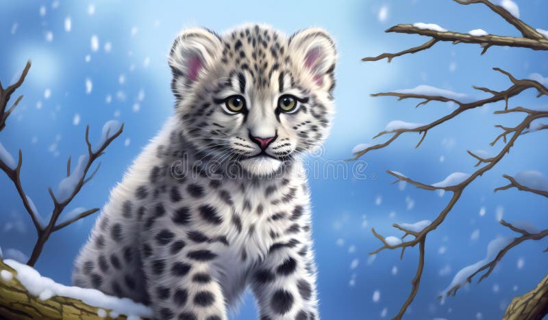 Snow Leopard Cub in Winter Forest with Falling Snow Stock Illustration ...