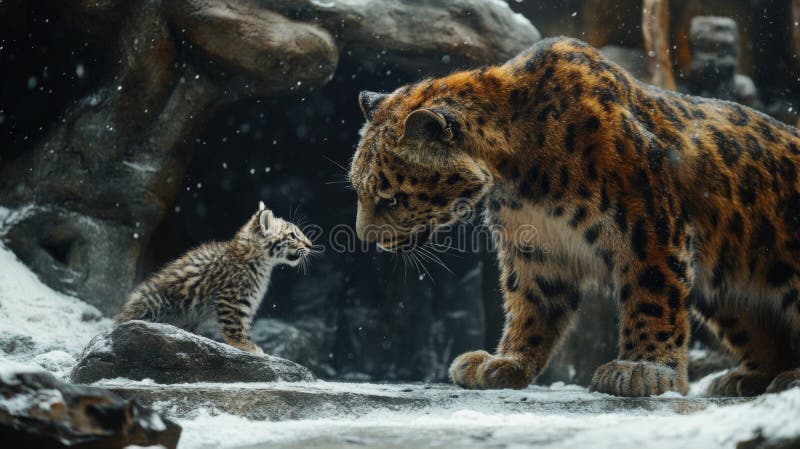 Snow Leopard and Cub in Winter Habitat Stock Illustration ...