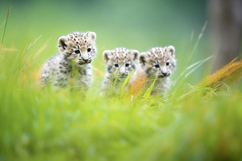 Snow Leopard Cubs Sneaking Up on Their Mother Stock Image - Image of ...