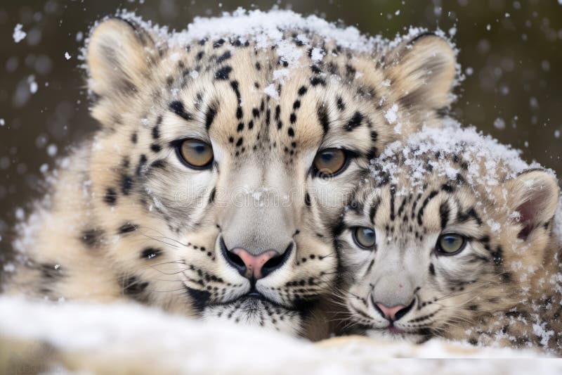 A Snow Leopard Cuddling with Her Cub on a Snowy Ground Stock Image ...