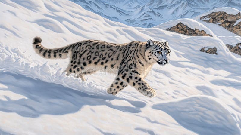 The Snow Leopard Deftly Leaps Over Snowy Cliffs in the Himalayas, Its ...
