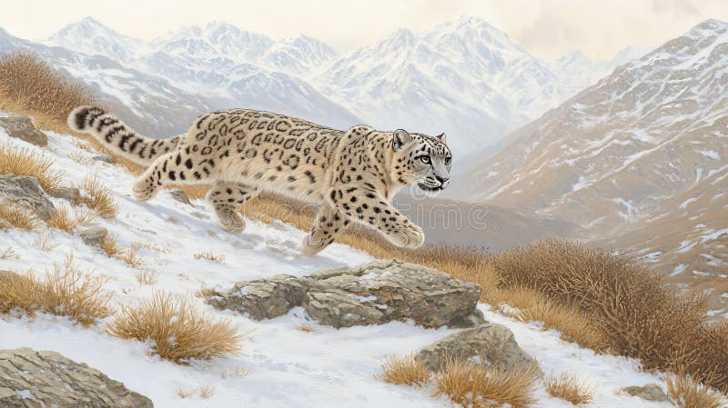 The Snow Leopard Deftly Leaps Over Snowy Cliffs in the Himalayas, Its ...