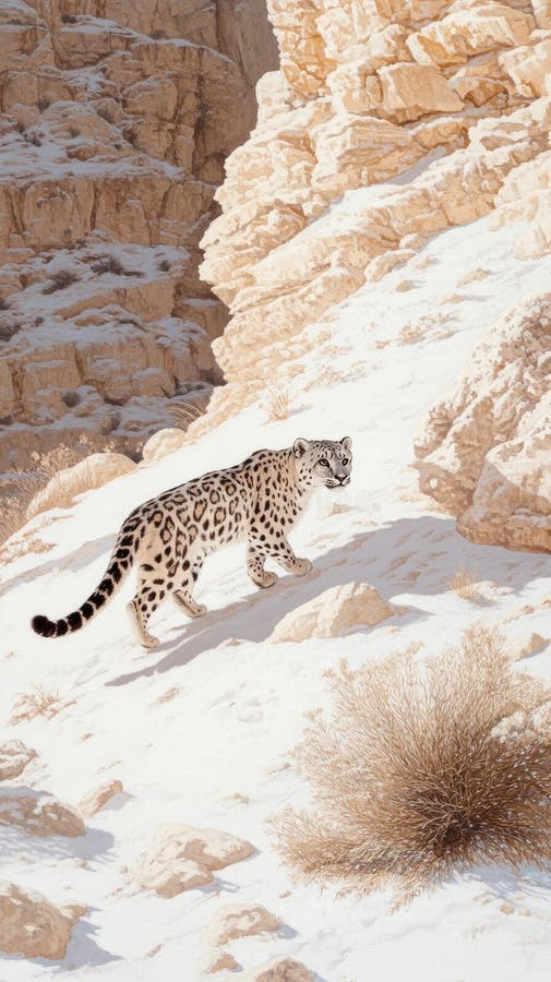 The Snow Leopard Deftly Leaps Over Snowy Cliffs in the Himalayas, Its ...
