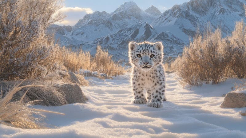 The Snow Leopard Deftly Leaps Over Snowy Cliffs in the Himalayas, Its ...