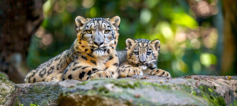 Snow Leopard Father and Cub Portrait with Ample Space on the Left for ...