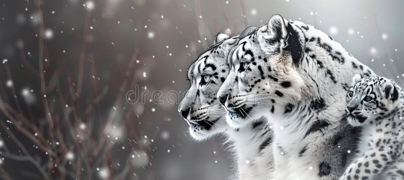 Snow Leopard Father and Cub Portrait with Ample Space on the Left for ...