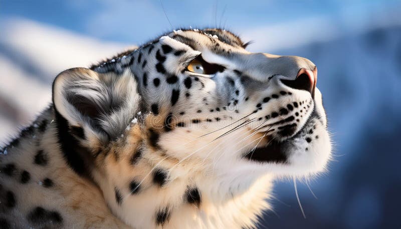 Snow Leopard Gazes Upward, Its Spotted Fur Dusted with Snow, Against a ...
