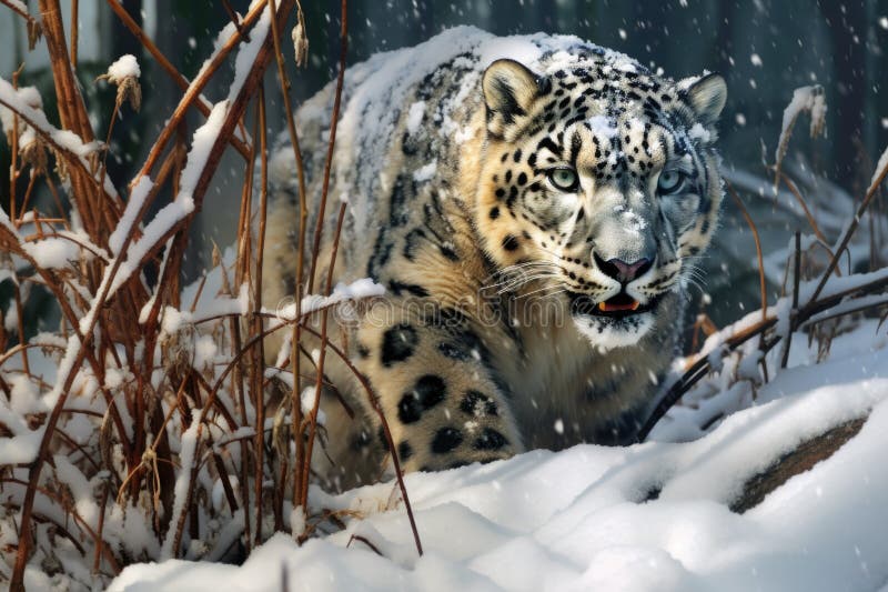 A Snow Leopard Hunting Its Prey in a Snowy Forest Stock Image - Image ...