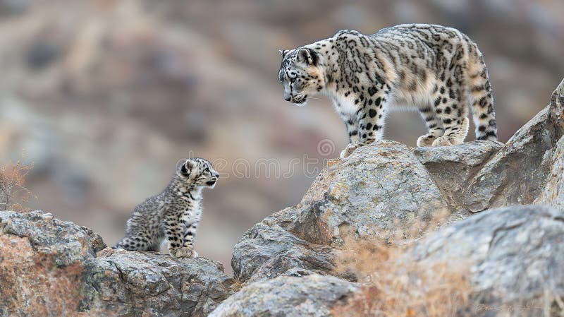 A Snow Leopard and Its Cub Interact on Rugged Rocky Terrain, a Powerful ...