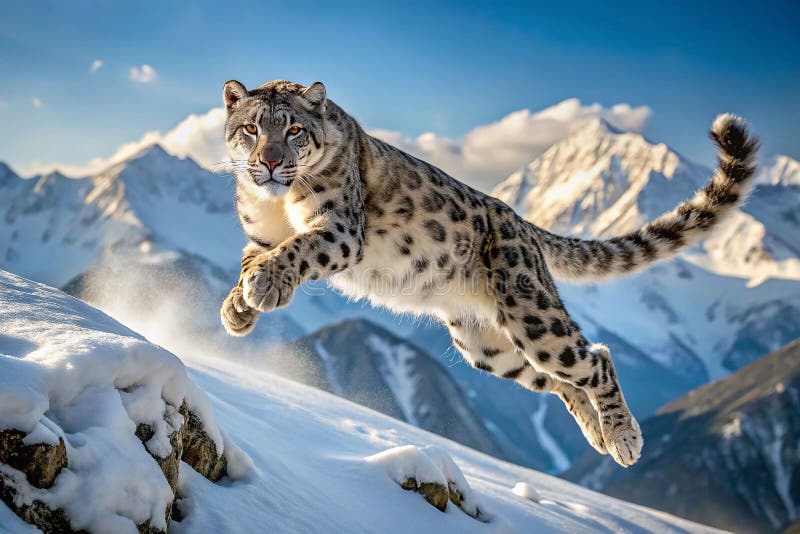 Snow Leopard Leaping Over Snowy Mountain Peaks Stock Illustration ...