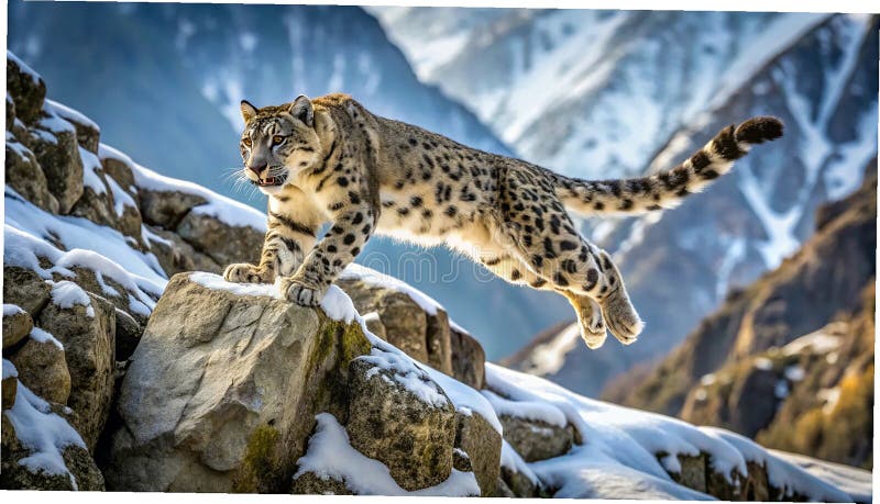 A Snow Leopard Leaping between Two Rocky Ledges in a Mountain Setting Stock Illustration ...