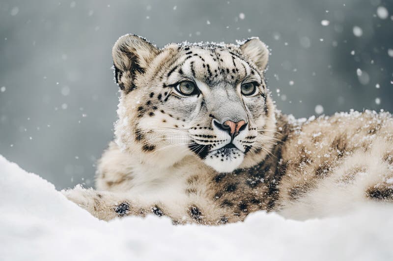 Snow Leopard Lying on White Snow with Copy Space Stock Illustration ...