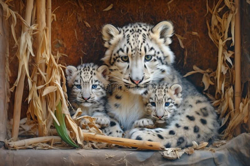 Snow Leopard Mother with Cubs in a Den Stock Photo - Image of care ...