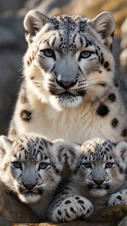 Snow Leopard Mother Watching Over Her Two Cubs Stock Illustration ...