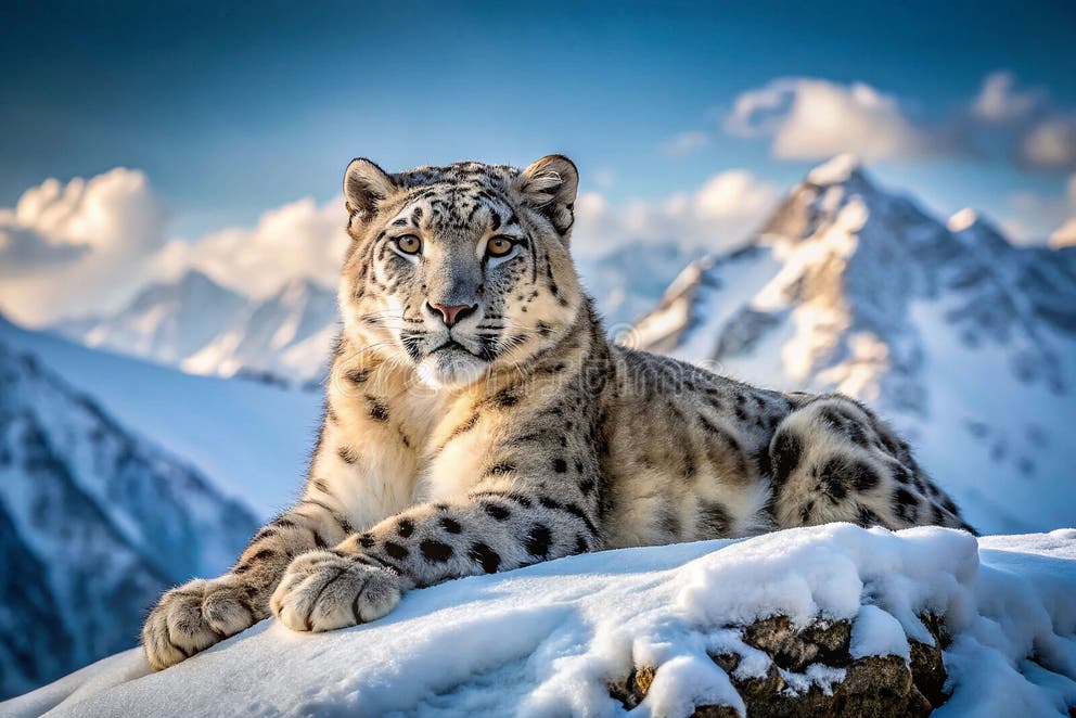Snow Leopard on Mountain Peak at Sunrise Stock Illustration ...