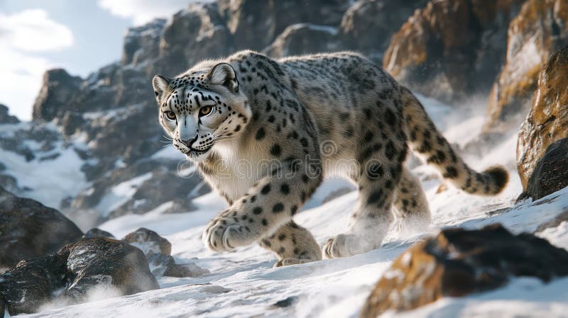 Snow Leopard in Mountains: a Dynamic Image of a Snow Leopard Moving ...