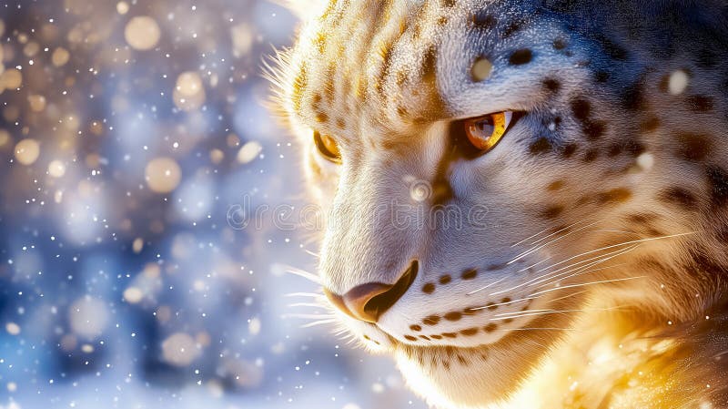 A Snow Leopard Observes Its Surroundings, Surrounded by Gently Falling ... A Snow Leopard Observes Its Surroundings, Surrounded by Gently Falling ...