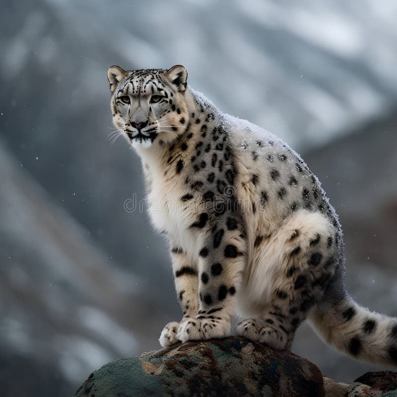 Snow Leopard, Panthera Uncia, Standing on a Rock Stock Illustration ...