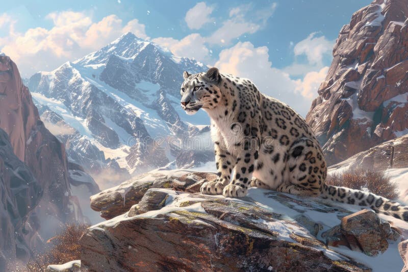 A Snow Leopard Perched at the Summit, Gazing Out into the Distance ...