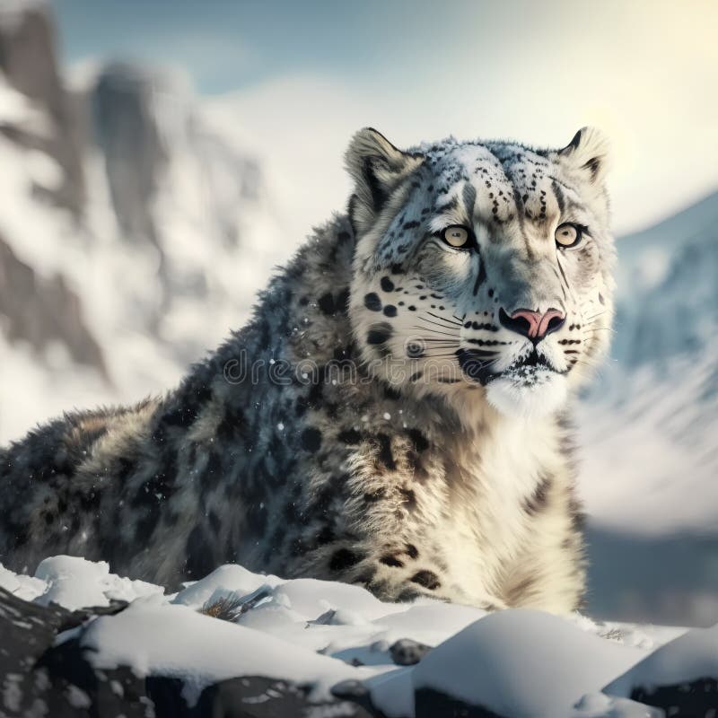 Snow Leopard Portrait in Winter Snow Mountain Landscape. 3d ...